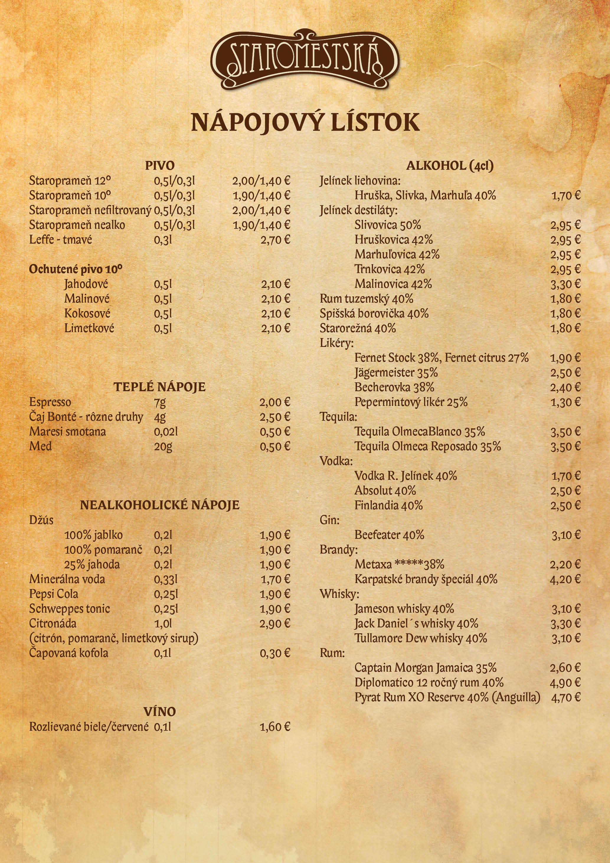 Jedálny a nápojový lístok/Étlap/Menu | staromestska.sk